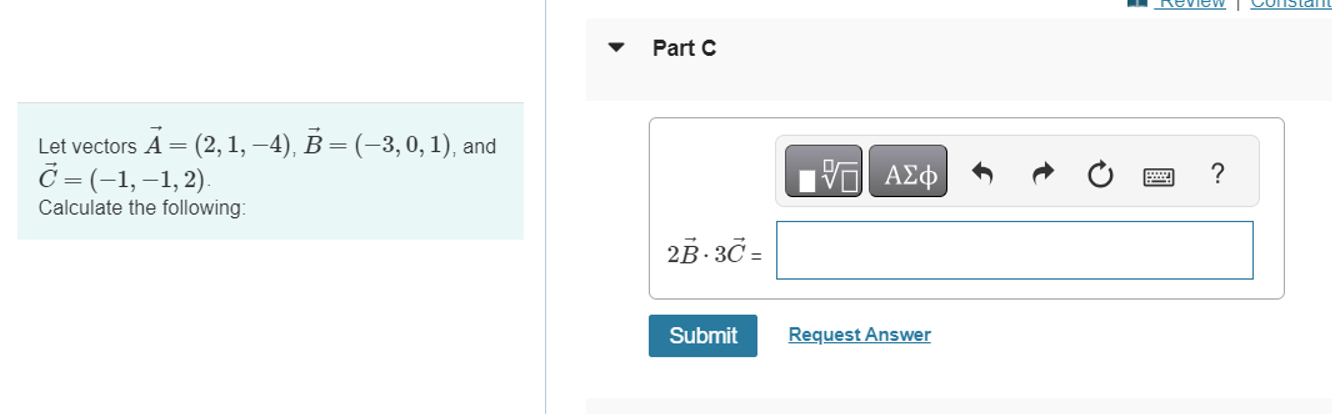 Solved Part CLet vectors vec(A)=(2,1,-4),vec(B)=(-3,0,1), | Chegg.com