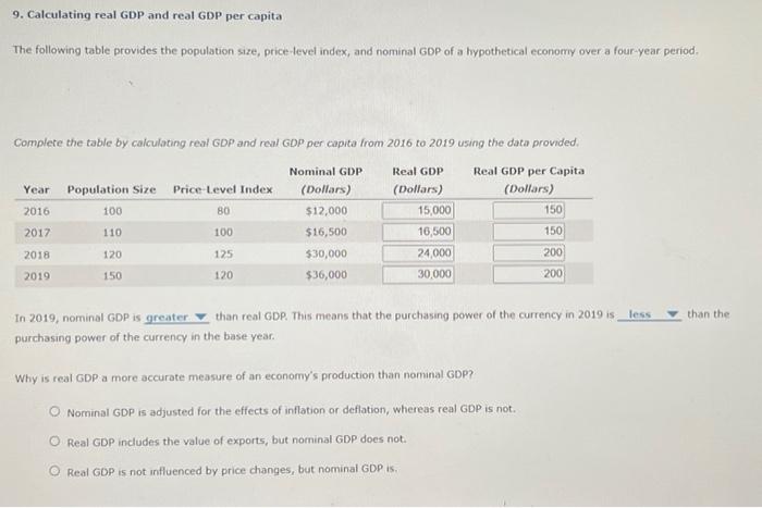 Solved 9. Calculating real GDP and real GDP per capita The | Chegg.com