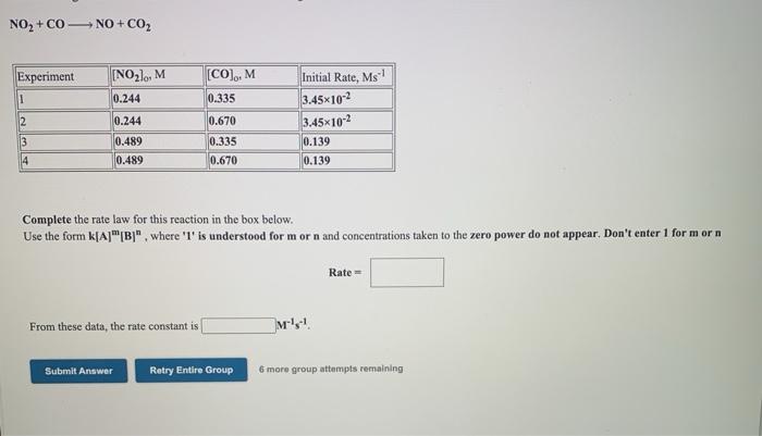 Solved NO2+CO —NO + CO2 [CO].M Experiment 1 [NO2), M 0.244 | Chegg.com