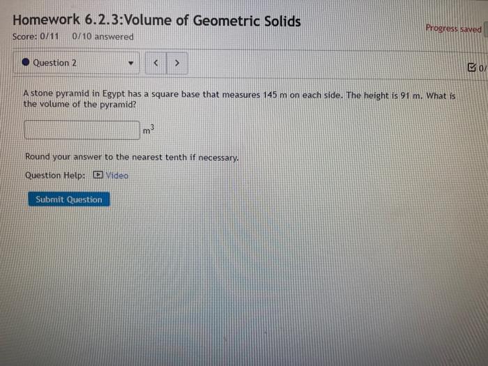 Solved Homework 6.2.3:Volume of Geometric Solids Progress | Chegg.com