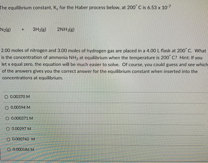 Solved The equilibrium constant, K, for the Haber process | Chegg.com