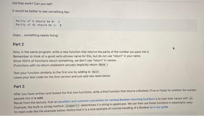 Solved The parity of a number is the number % 2 and is | Chegg.com