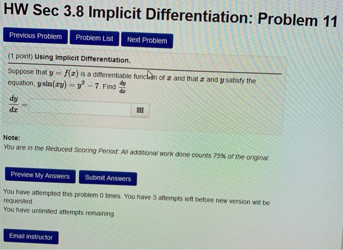 Solved HW Sec 3.8 Implicit Differentiation: Problem 11 | Chegg.com