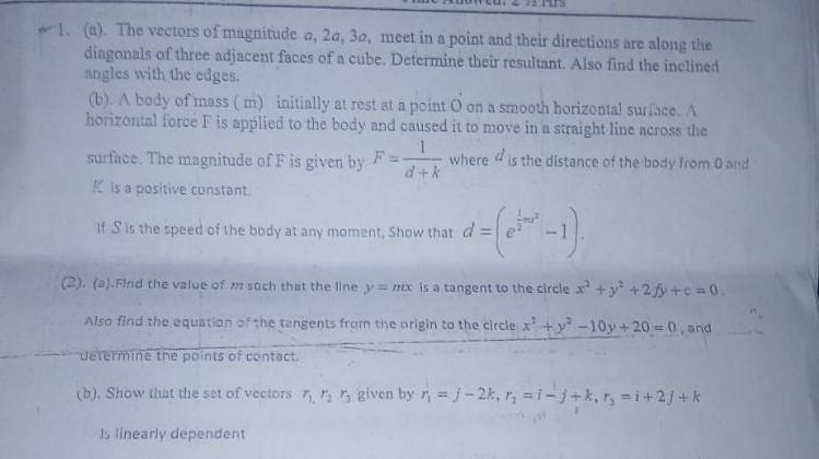 Solved TUS 1. (a). The vectors of magnitude a, 2a, 3a, meet | Chegg.com