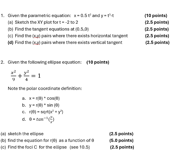 Solved Given the parametric equation: x=0.5t2 ﻿and y=t3-t(10 | Chegg.com