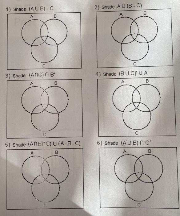 Solved 1) Shade (AUB) - C A B 2) Shade AU (B-C) A B С 3) | Chegg.com