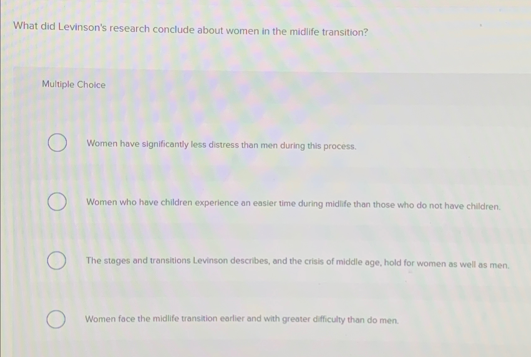 Solved What did Levinson's research conclude about women in | Chegg.com