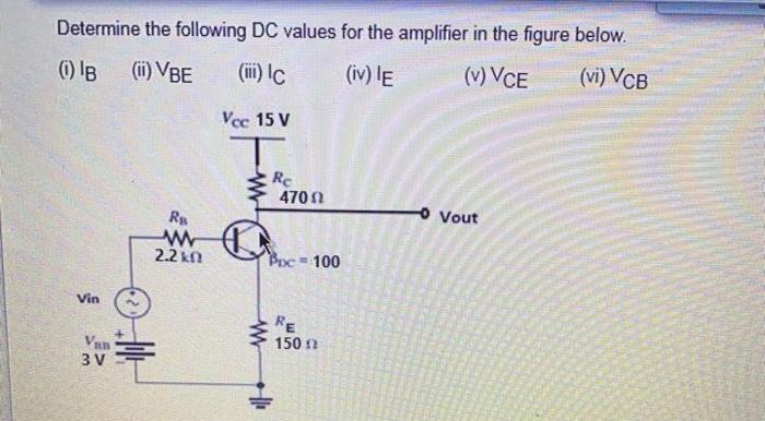 Solved Determine the following DC values for the amplifier | Chegg.com