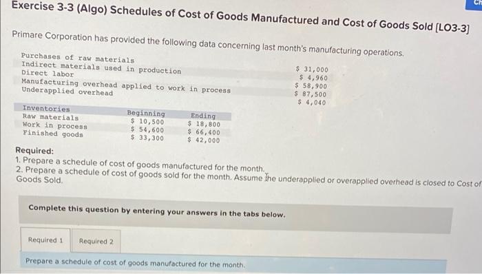 Solved Exercise 3-3 (Algo) Schedules of Cost of Goods | Chegg.com