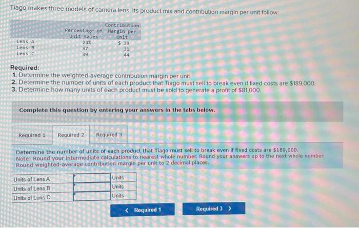 Solved Tiago makes three models of camera lens. Its product | Chegg.com