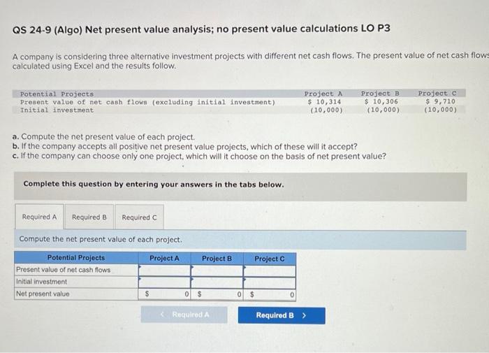 Solved QS 24-9 (Algo) Net present value analysis; no present | Chegg.com