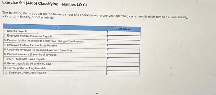 Solved Exercise 9-1 (Algo) Classifying liabilities LO C1 The | Chegg.com Solved Exercise 9-1 (Algo) Classifying liabilities LO C1 The | Chegg.com