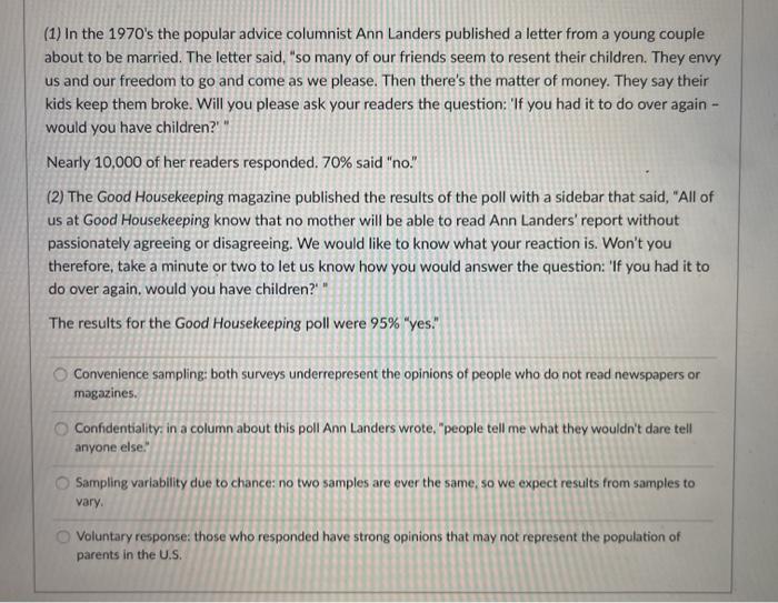 Solved (1) In the 1970's the popular advice columnist Ann | Chegg.com