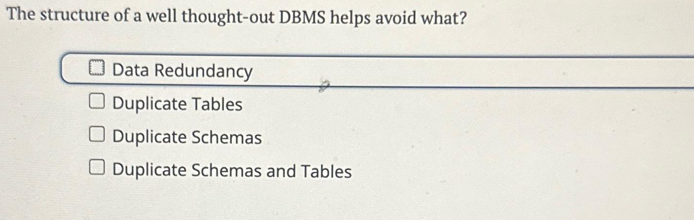 Solved The structure of a well thought-out DBMS helps avoid | Chegg.com