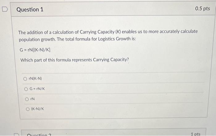 Solved The addition of a calculation of Carrying Capacity | Chegg.com