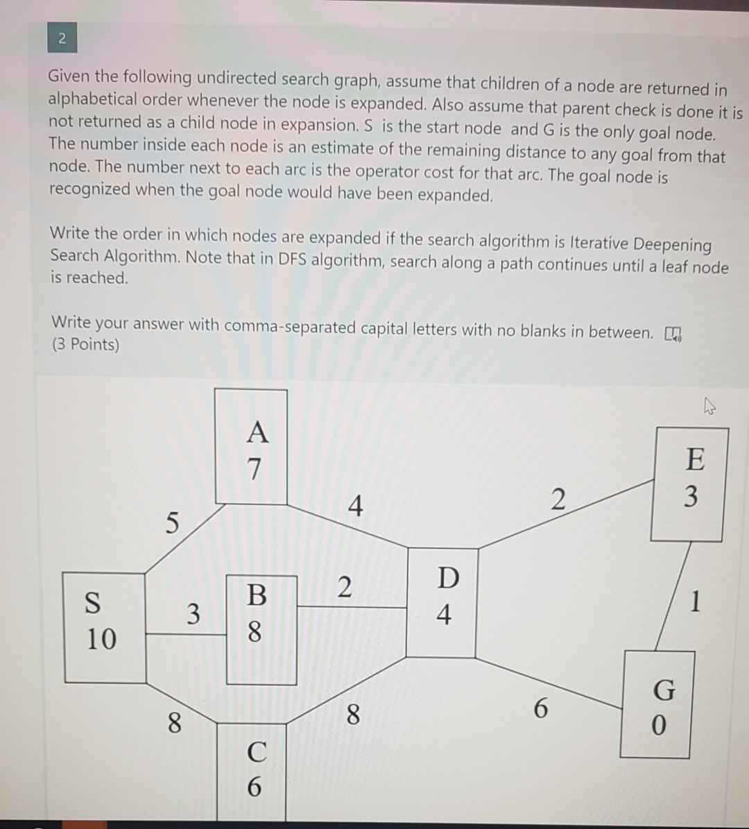 Solved 2 Given the following undirected search graph, assume | Chegg.com