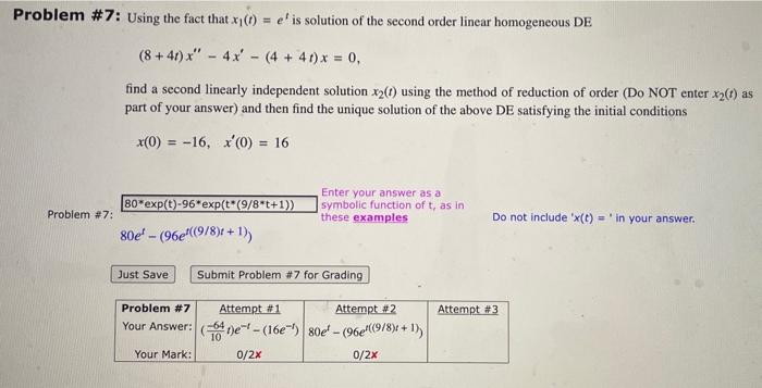 Solved roblem \#7: Using the fact that x1(t)=et is solution | Chegg.com