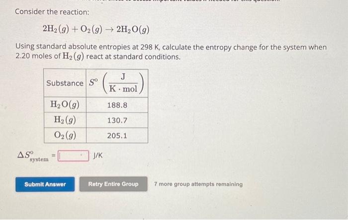 Solved Consider the reaction: 2H2(g)+O2(g)→2H2O(g) Using | Chegg.com