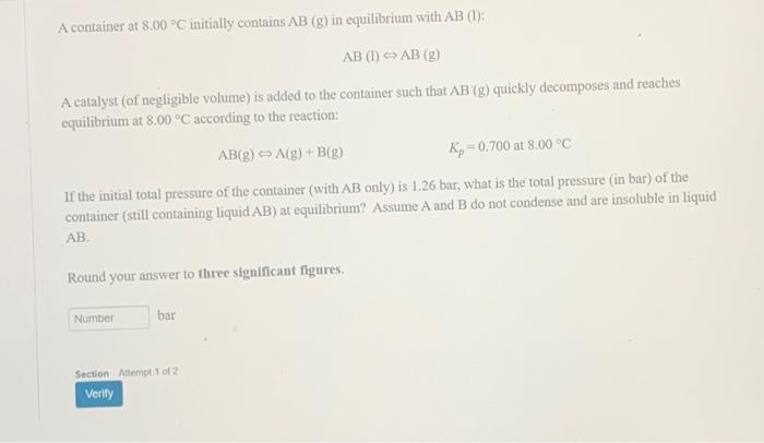 Solved A container at 8.00∘C initially contains AB(g) in | Chegg.com