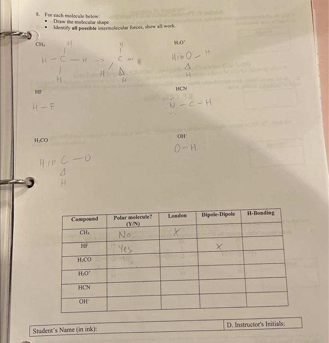 Solved 8. For each molecule below: CH4 H H-C-H. 1 HF | Chegg.com