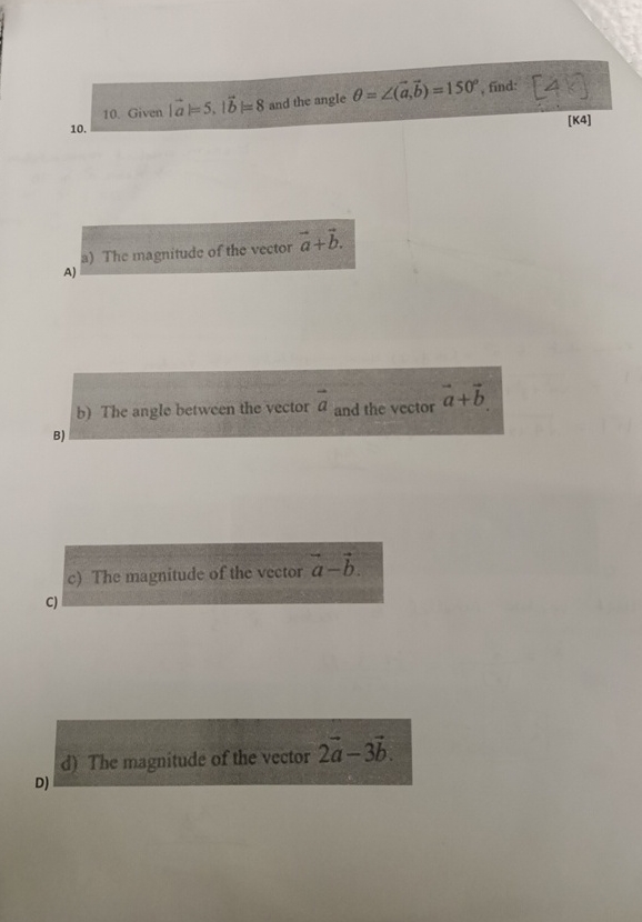 Solved Given |vec(a)|=5,|vec(b)|=8 ﻿and the angle | Chegg.com