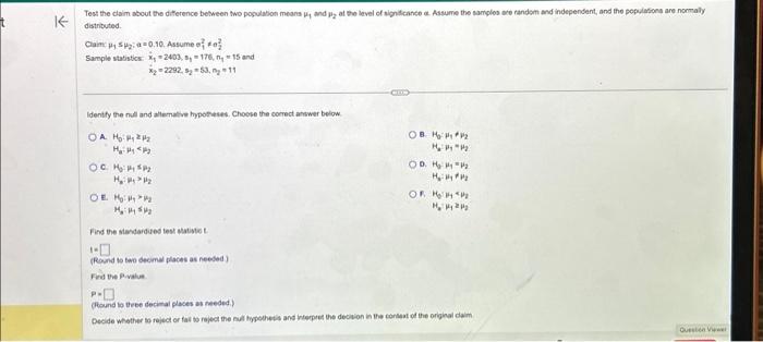 Solved distributed. Camin μ1sμ2:a=0,10, Assume σ12;e22 | Chegg.com