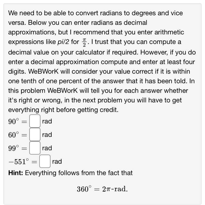Solved We need to be able to convert radians to degrees and | Chegg.com