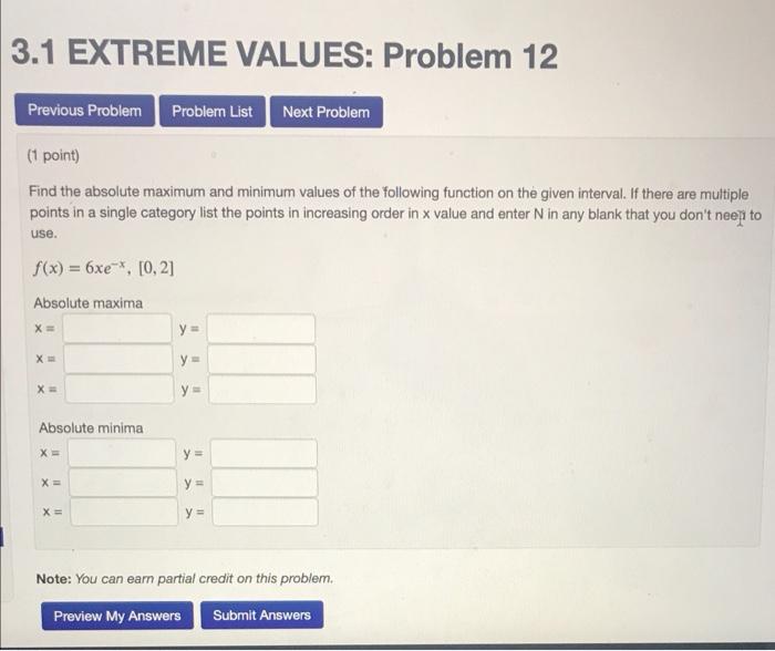 Solved 3.1 EXTREME VALUES: Problem 10 Previous Problem | Chegg.com