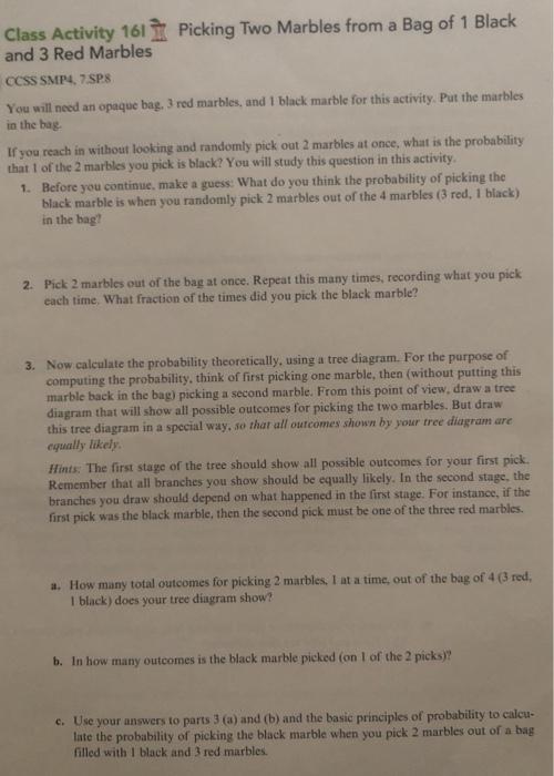 Solved Class Activity 161 Picking Two Marbles from a Bag of | Chegg.com
