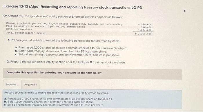 Solved Exercise 13-13 (Algo) Recording and reporting | Chegg.com