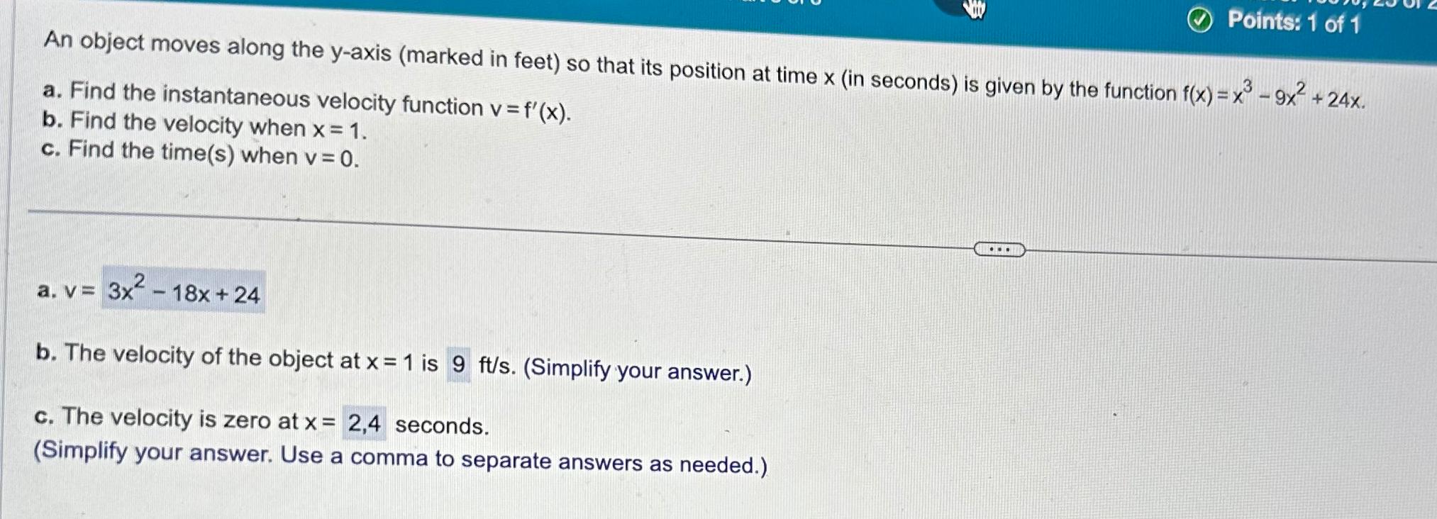 Solved Points: 1 ﻿of 1An object moves along the y-axis | Chegg.com