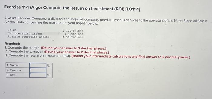 Solved Exercise 11-1 (Algo) Compute the Return on Investment | Chegg.com