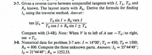 Solved 3-7. Given a reverse curve between nonparallel | Chegg.com