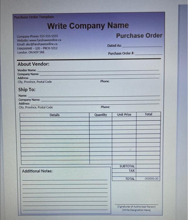 Solved Purchase Order Template Write Company Name Purchase | Chegg.com