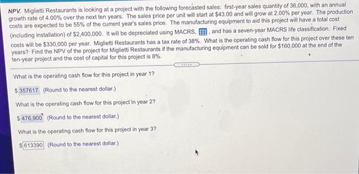 Solved NPV. Miglietti Restaurants is looking at a project | Chegg.com