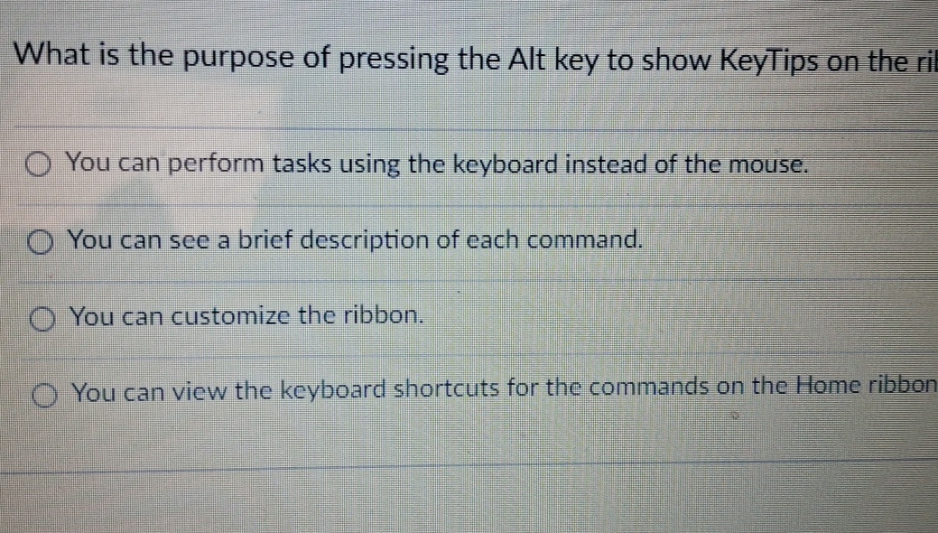 Solved What is the purpose of pressing the Alt key to show | Chegg.com
