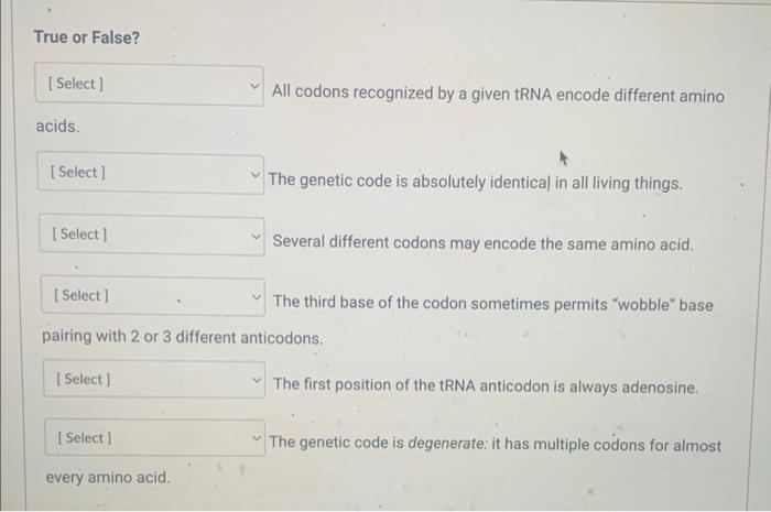 Solved All codons recognized by a given tRNA encode | Chegg.com
