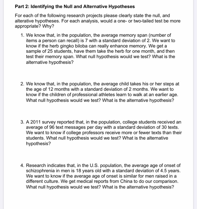 Solved Part 2: Identifying the Null and Alternative | Chegg.com