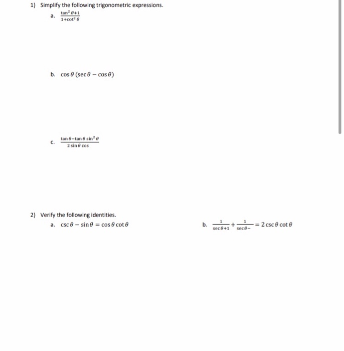Solved 1) Simplify the following trigonometric expressions. | Chegg.com
