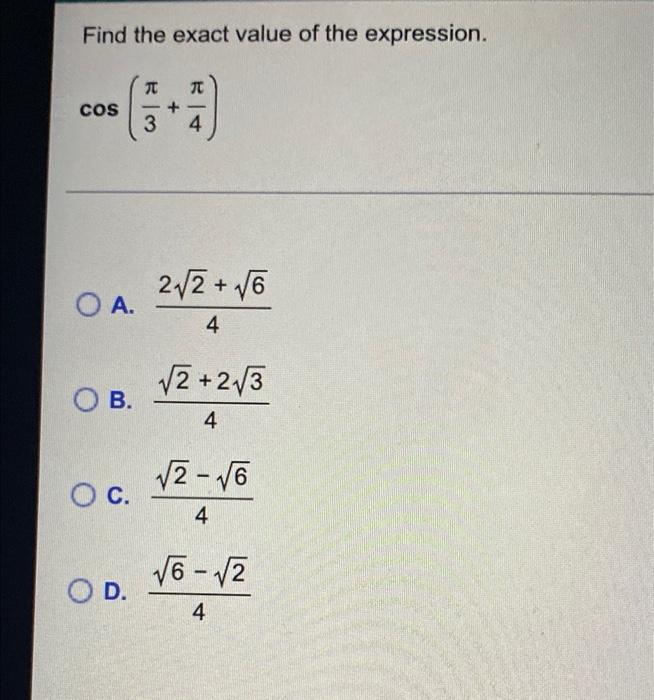 Solved Find the exact value of the expression. COS 70 九 + 3 | Chegg.com