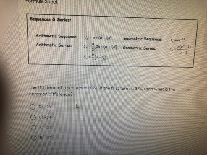 Solved Ormula Sheet Sequences And Series Arithmetic Sequence