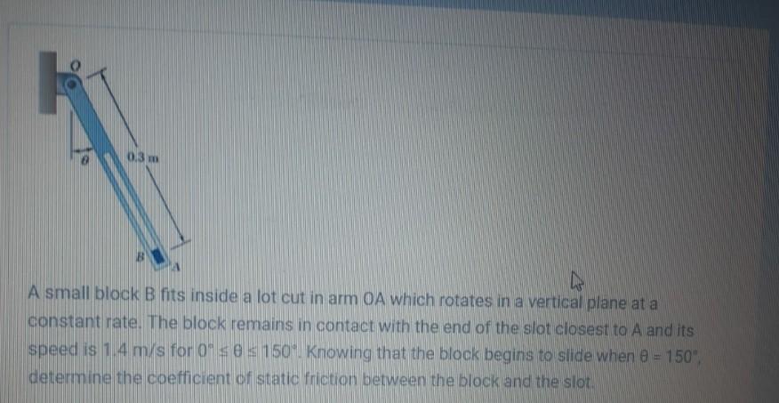 Solved oo 0.3 m A small block B fits inside a lot cut in arm | Chegg.com