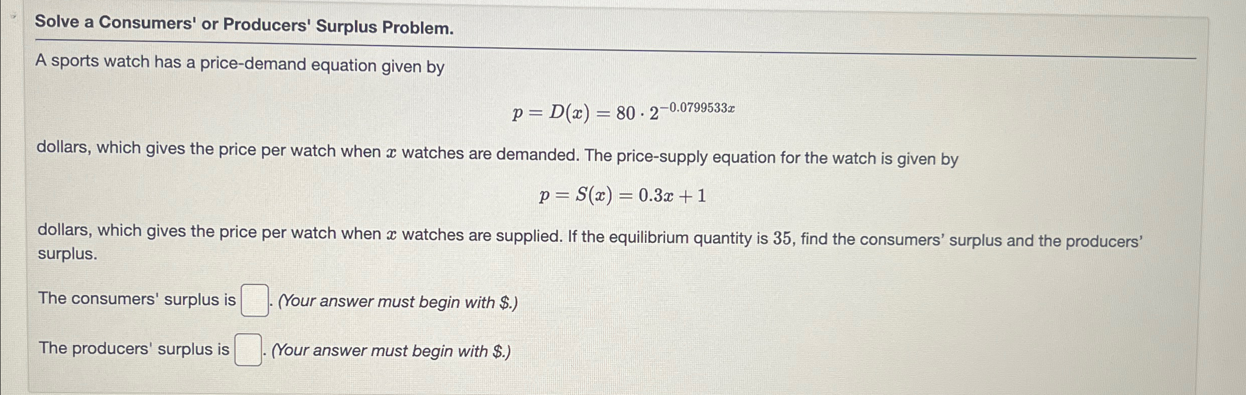 Solved Solve a Consumers' or Producers' Surplus Problem.A | Chegg.com
