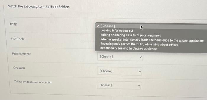 Match the following term to its definition. Lying | Chegg.com