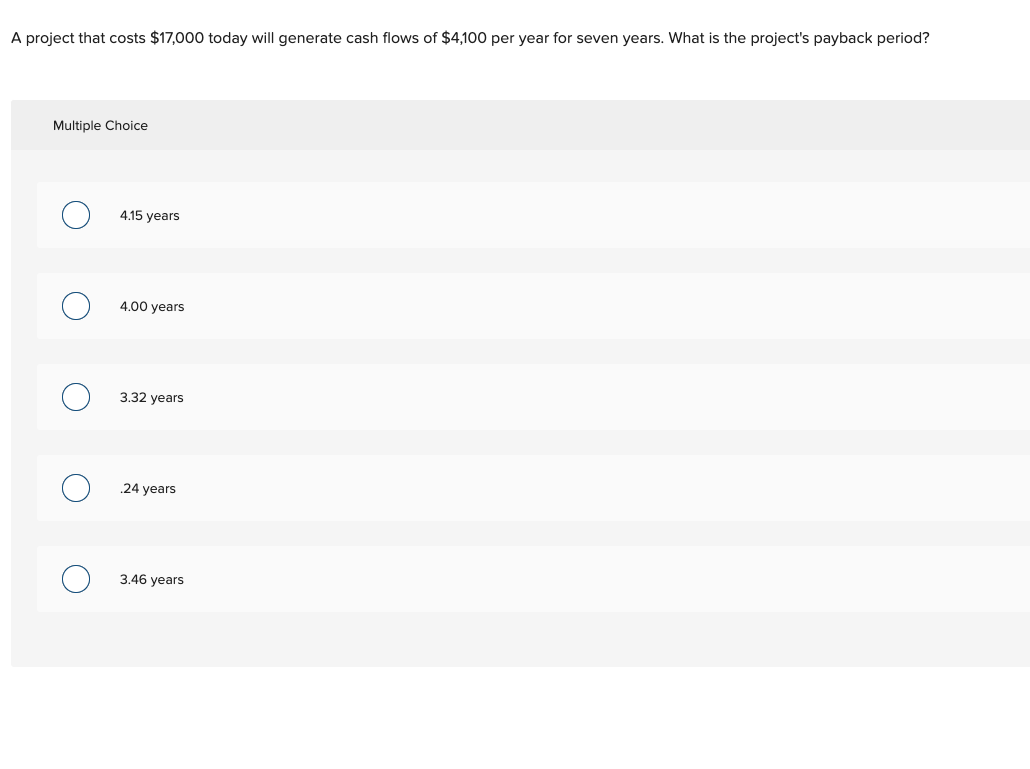 Solved Multiple Choice4.15 ﻿years4.00 ﻿years3.32 ﻿years.24 | Chegg.com