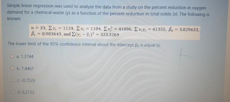 Solved Simple linear regression was used to analyze the data | Chegg.com