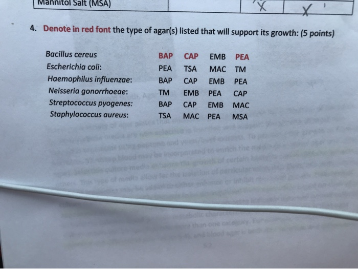 Solved Mannitol Salt (MSA) 4. Denote in red font the type of | Chegg.com