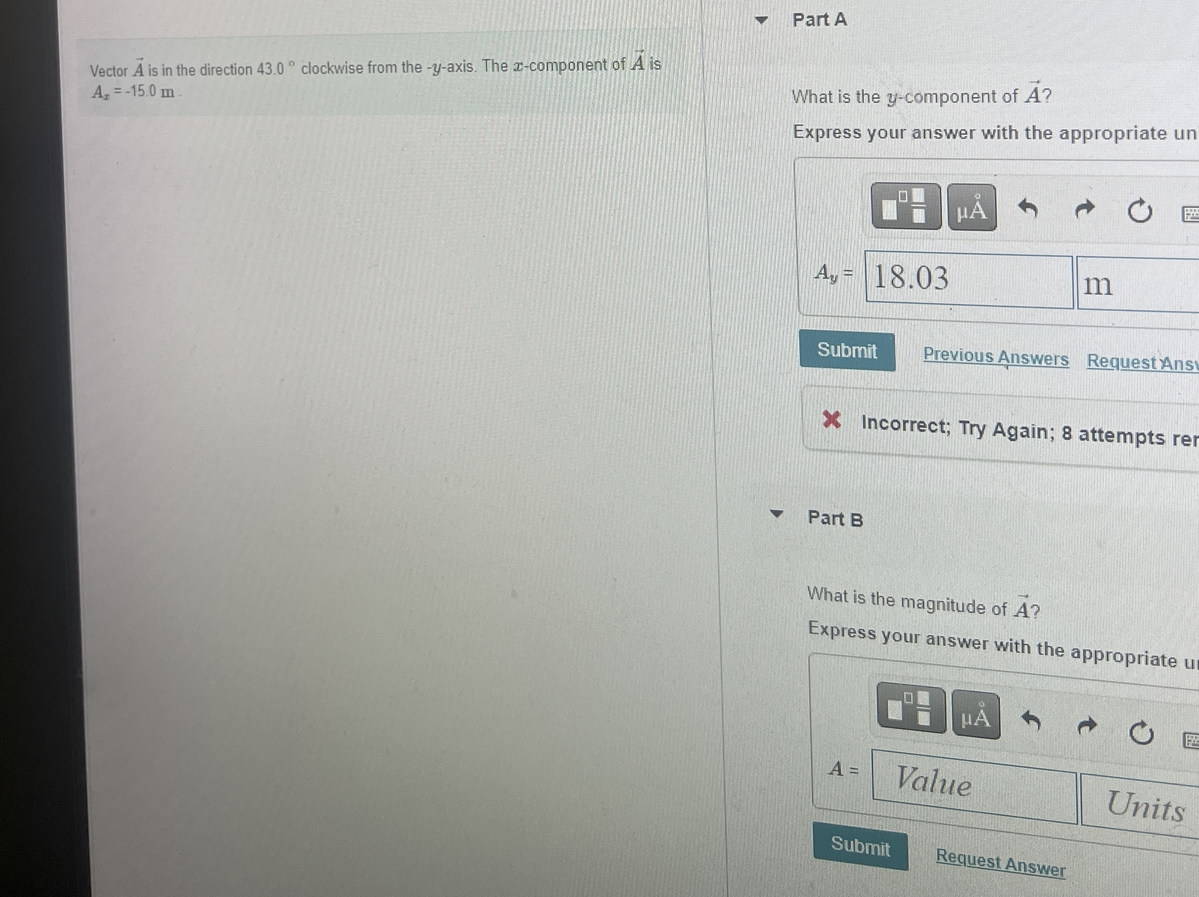 Solved Part AVector vec(A) ﻿is in the direction 43.0° | Chegg.com