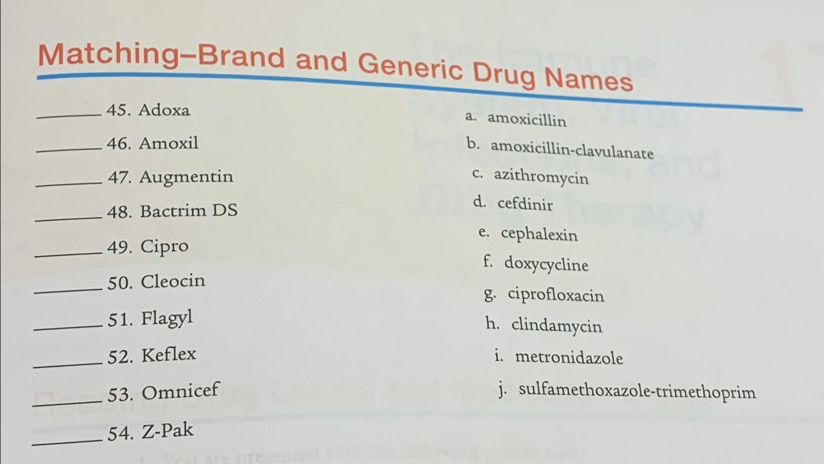 Solved Matching-Brand and Generic Drug Names45. ﻿Adoxa46. | Chegg.com