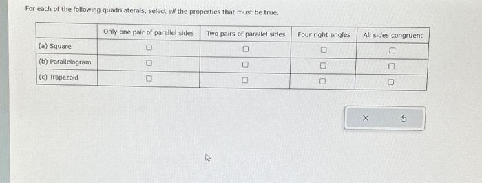 Solved For each of the following quadrilaterals, select all | Chegg.com